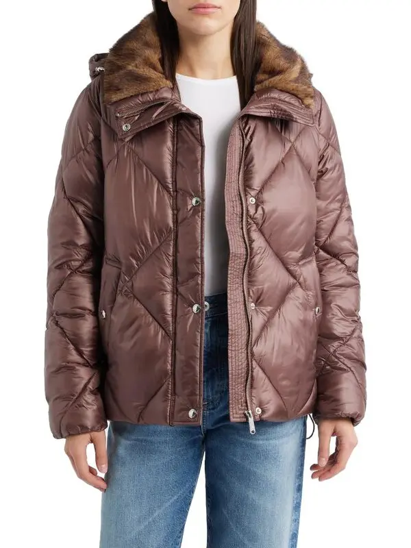 Sam Edelman Diamond Quilted Puffer Jacket With Faux Fur Hood - Mocha