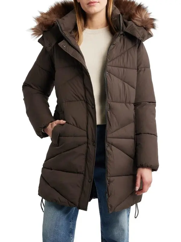 Sam Edelman Faux Fur Trim Hooded Quilted Jacket - Cafe Noir