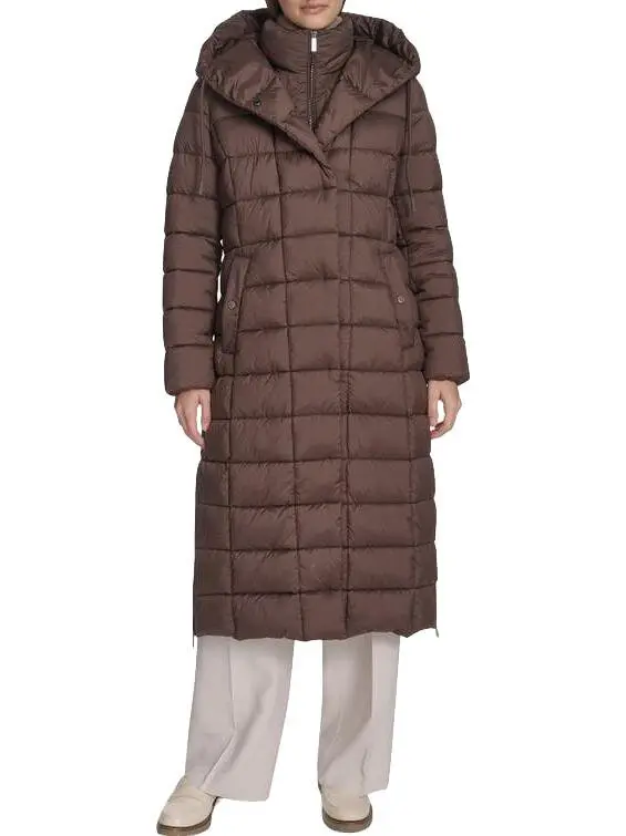 KENNETH COLE Water Resistant Stadium Length Quilted Puffer Coat - Mocha