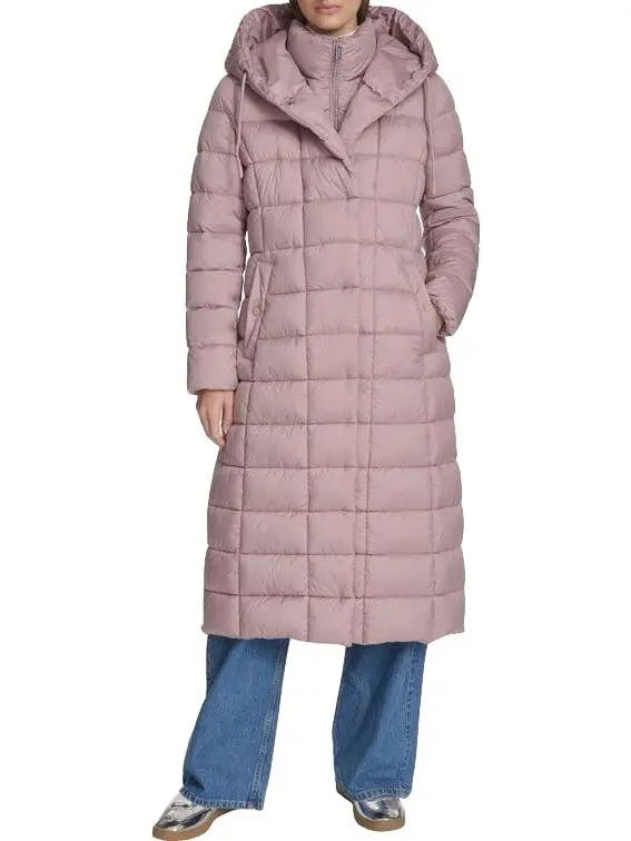 KENNETH COLE Water Resistant Stadium Length Quilted Puffer Coat - Pink