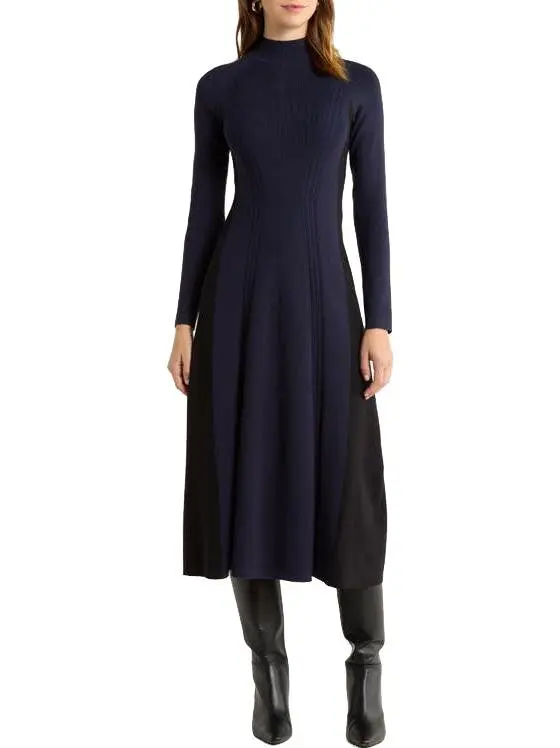 REISS Zaya Mock Neck Ribbed Dress - Navy/black