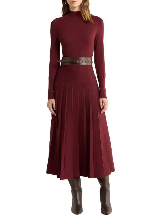 REISS Alicia Long Sleeve Belted Sweater Dress - Raspberry Red