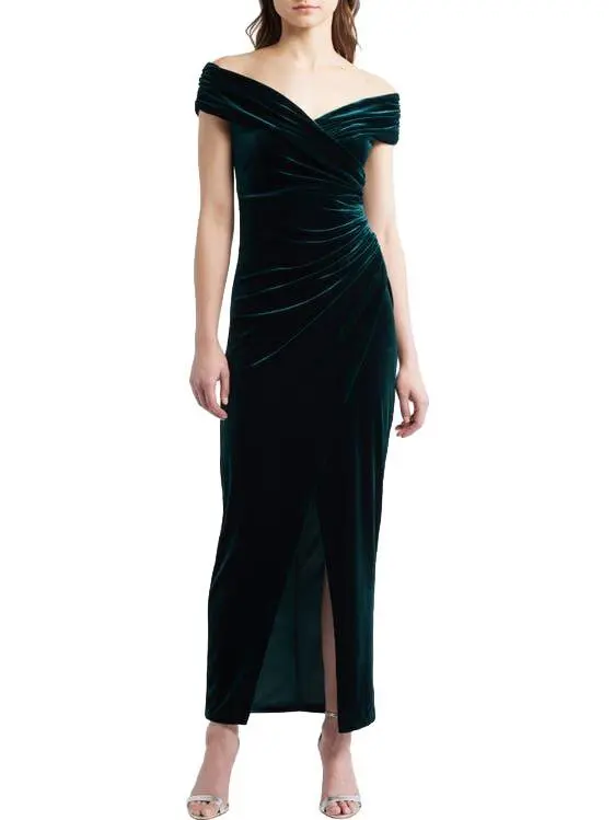 Vince Camuto Off The Shoulder Velvet Ruched Sheath Gown - Hunter
