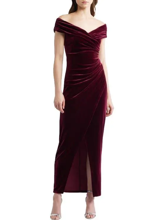 Vince Camuto Off The Shoulder Velvet Ruched Sheath Gown - Wine