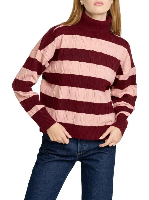 WAYF Cable Knit Turtleneck Sweater - Pink Stripe