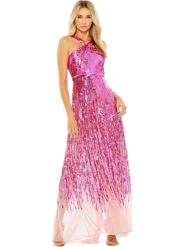 Mac Duggal Sequin Mesh Overlay Gown - Hot Pink