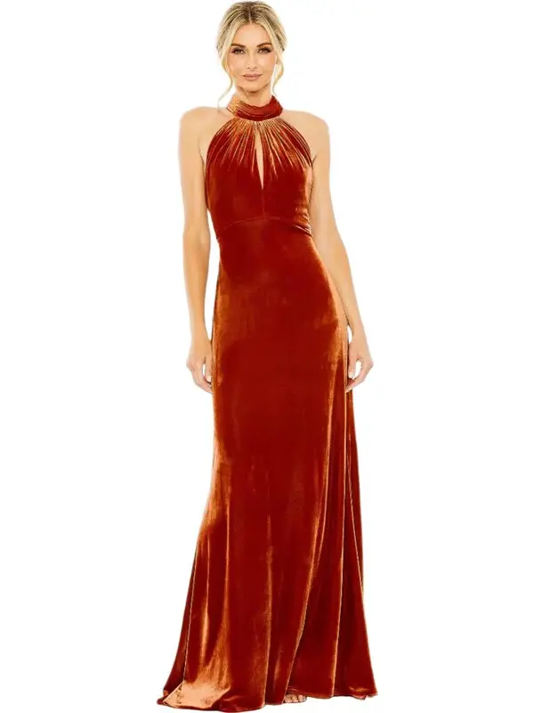 Mac Duggal Halter Velvet Column Gown - Orange