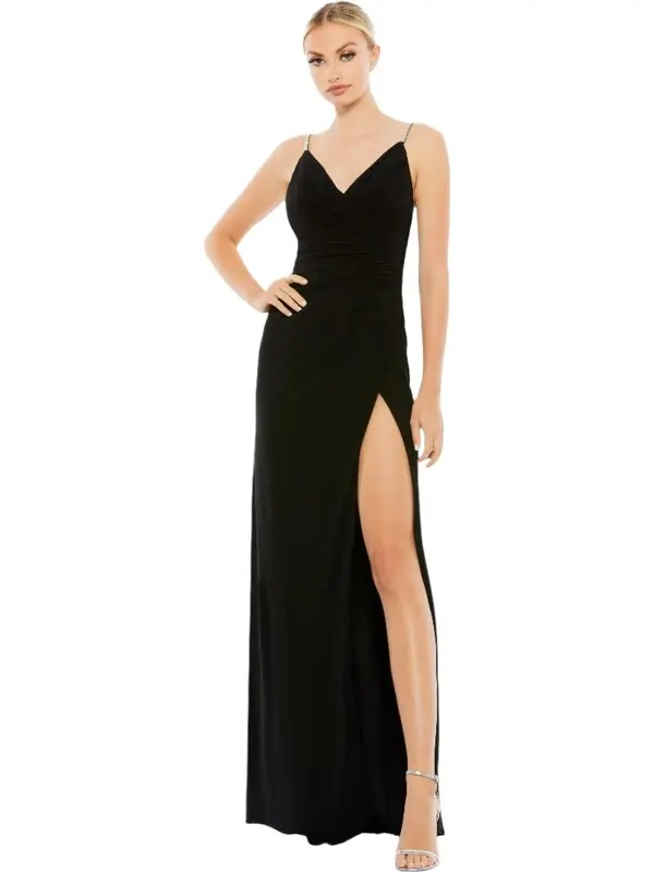 Mac Duggal Faux Wrap V-neck Open Back Gown - Black