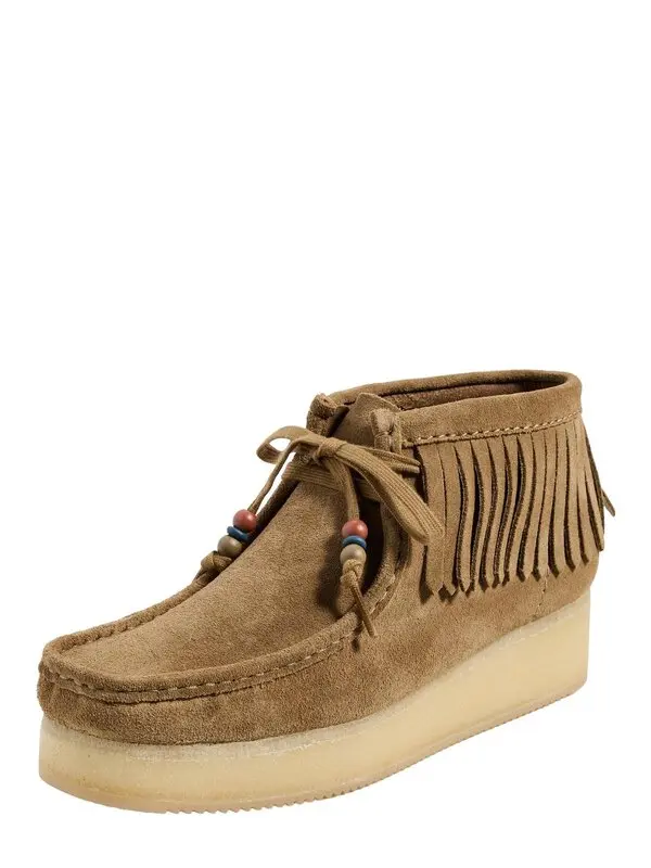 Clarks Wallabee Wedge Fringe Boots - Light Tan Suede