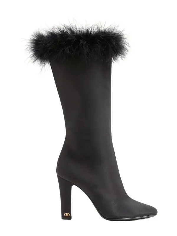 Valentino Garavani Hotty Shantung Fabric Boot With Feathers - Black