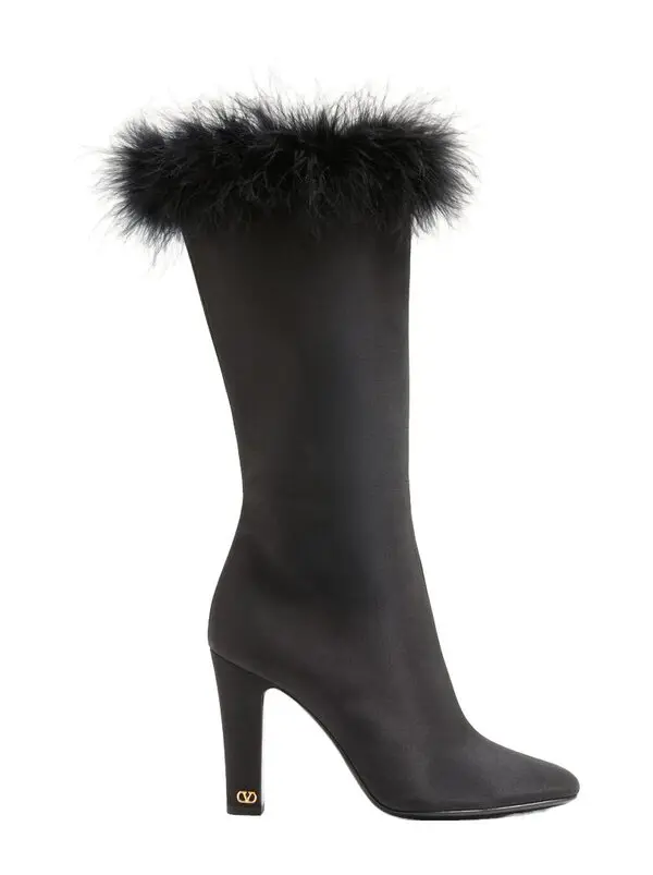 Valentino Garavani Hotty Shantung Fabric Boot With Feathers - Black