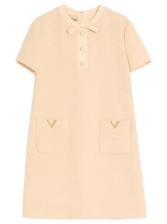Valentino Garavani Short Curly Wool Dress With Gold V Detail - Birch