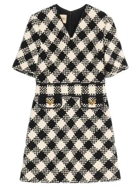 Valentino Garavani Damier Tweed Dress With V Gold - Birch/black