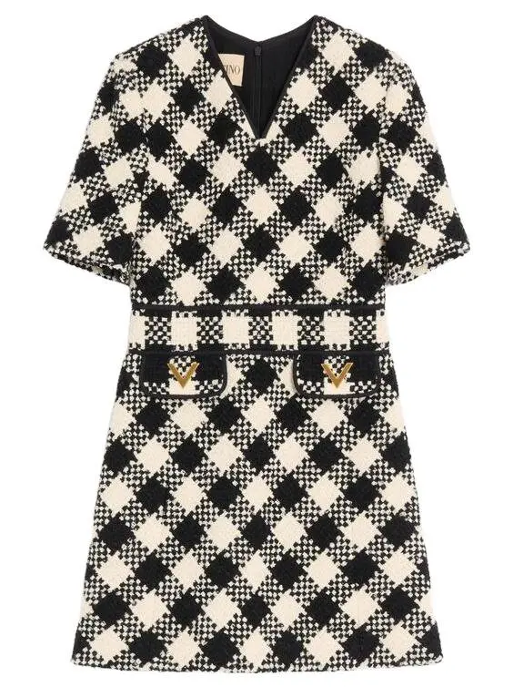 Valentino Garavani Damier Tweed Dress With V Gold - Birch/black