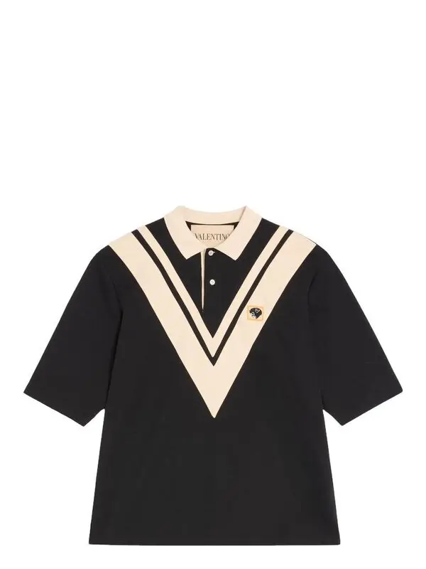 Valentino Garavani Cotton Polo With Inlaid V And Embroidered Panther Patch - Black/butter