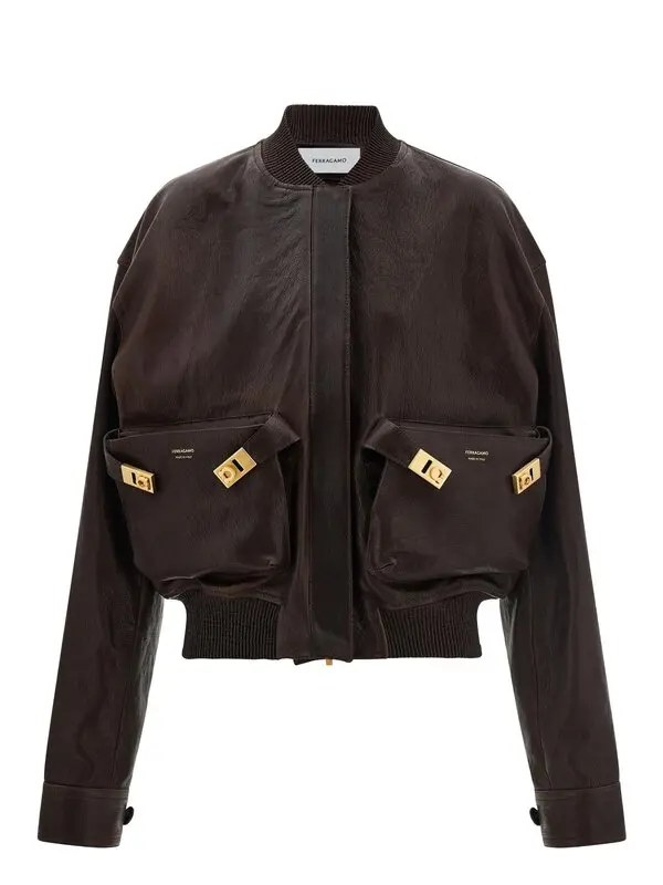 FERRAGAMO Leather Bomber Jacket - Brown