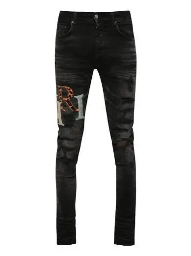 Amiri Leather Staggered Logo Jeans - Faded Black