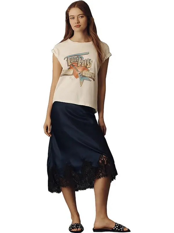 REFORMATION Carola Lace-hem Silk Midi Skirt - Navy