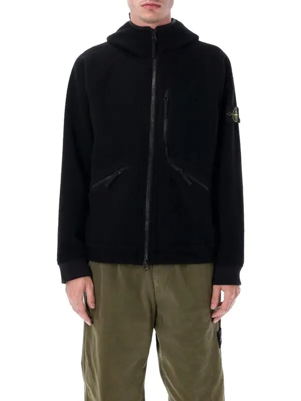 Stone Island Hooded Jacket In Wool-nylon Blend - Black