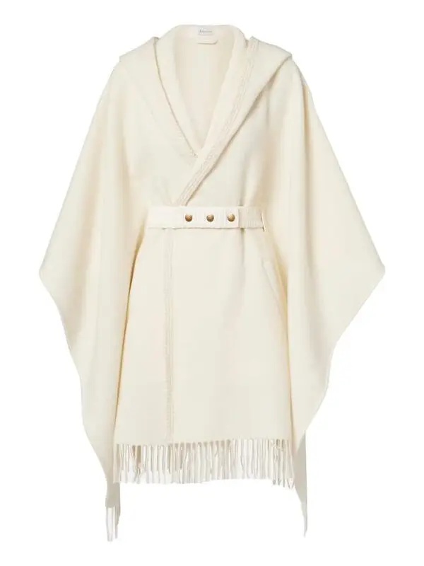 Moncler Belted Fringed Virgin Wool Cape - White