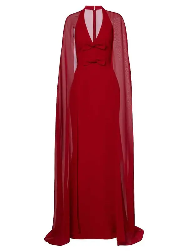 Elie Saab Bow-detail Caped Silk-blend Gown - Red