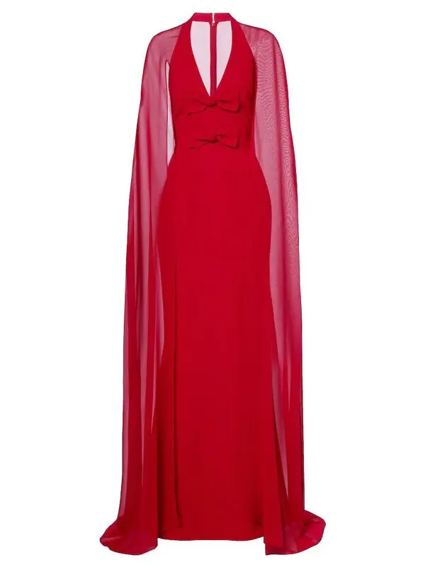 Elie Saab Bow-detail Caped Silk-blend Gown - Red