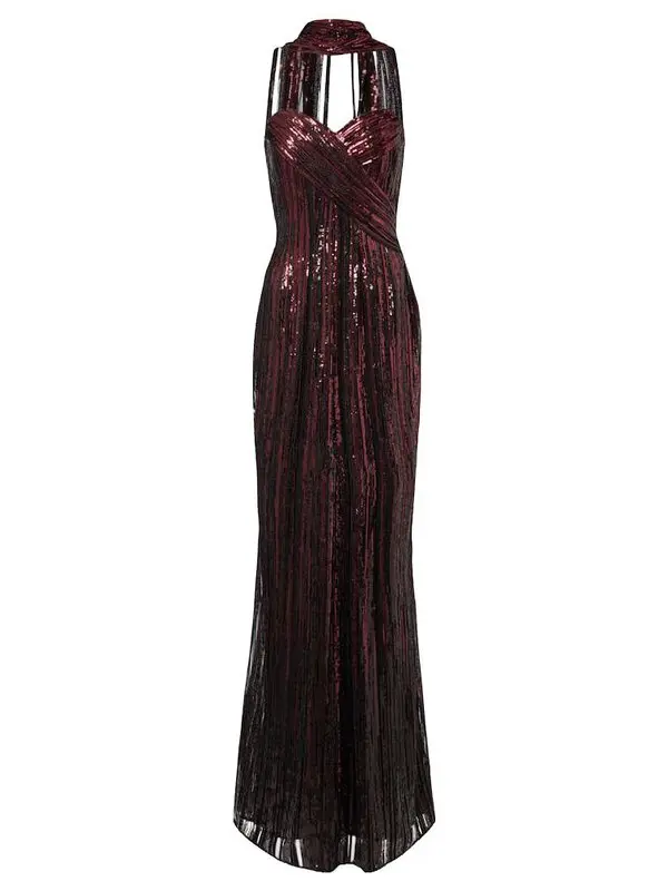 Elie Saab Scarf-detail Sequined Gown - Burgundy