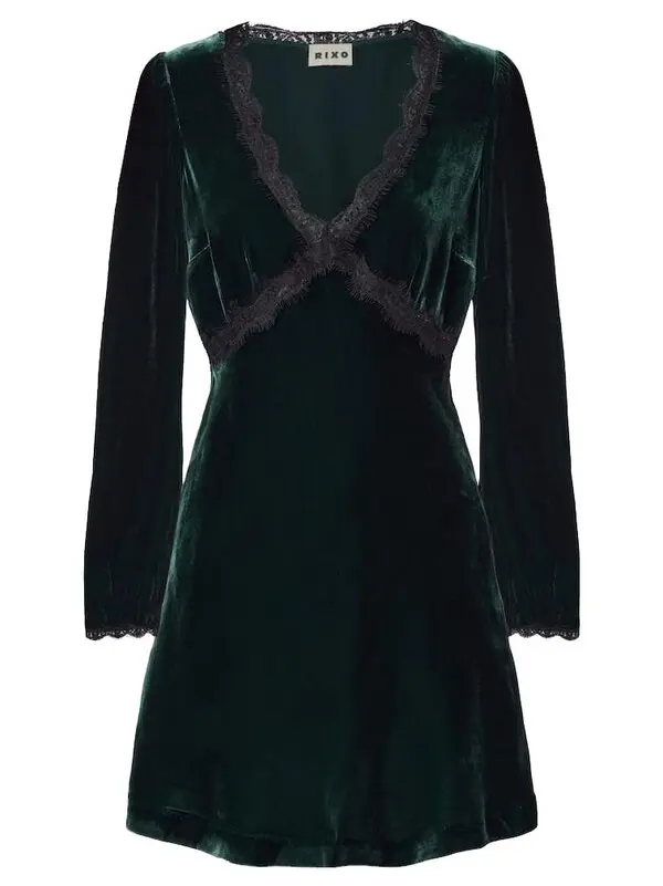 Rixo Macie Lace-trimmed Velvet Minidress - Green
