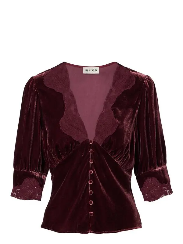 Rixo Amanda Lace-trimmed Velvet Top - Burgundy