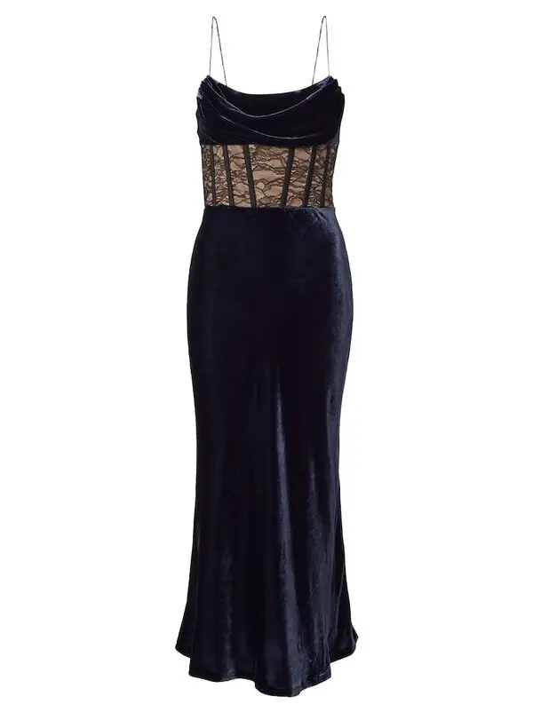 Rebecca Vallance Minerva Lace-trimmed Velvet Bustier Gown - Blue