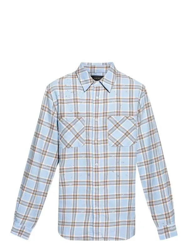 Amiri Checkered Print Cotton Shirt - Sky Blue
