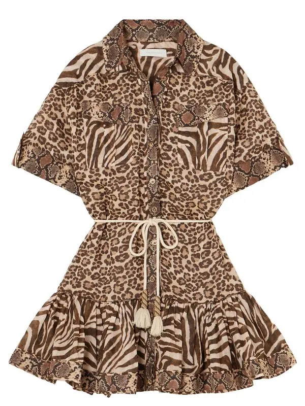 Zimmermann Wanderlust Lantern Belted Printed Cotton Mini Dress - Brown