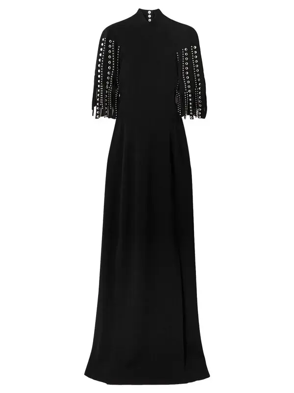 LANVIN Fringed Cape-effect Studded Knitted Turtleneck Gown - Black