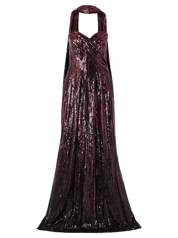 Elie Saab Strapless Sequined Tulle Gown With Scarf Detail - Burgundy