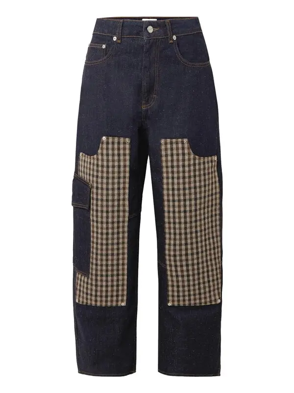 GANNI Neppy Carpenter Checked Tweed-paneled High-rise Jeans - Blue