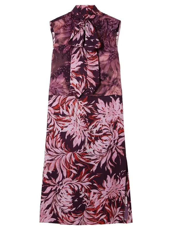 Dries Van Noten Tie-neck Floral-print Satin Midi Dress - Burgundy