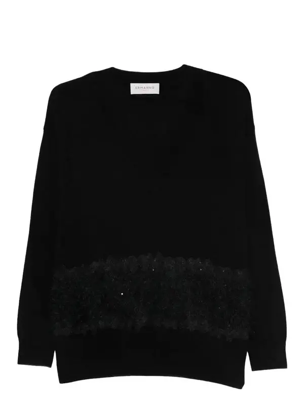 ERMANNO FIRENZE Lace-panel V-neck Sweater - Black