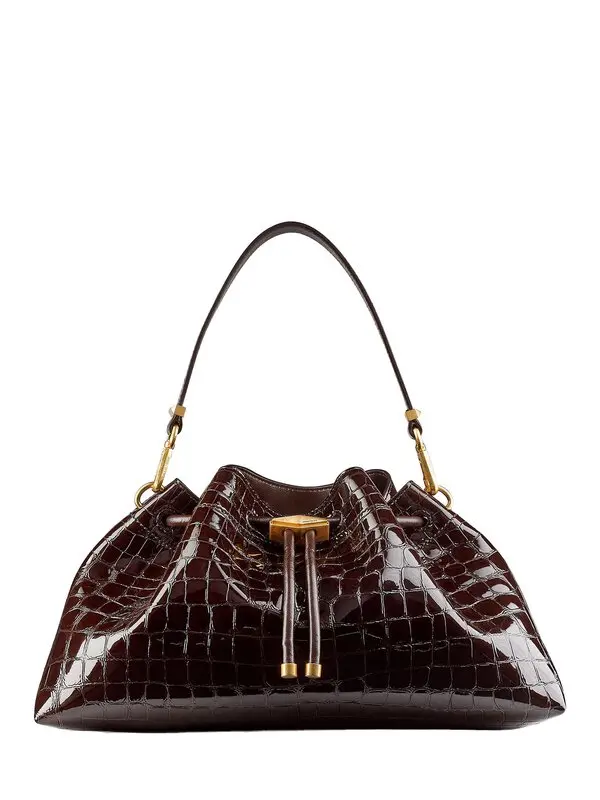JIMMY CHOO Cinch Medium Croc Embossed Leather Shoulder Bag - Sambuco/gold