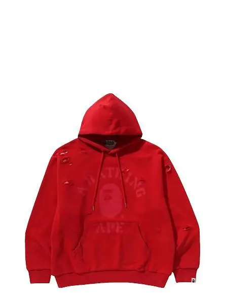 BAPE Destroyed College Relaxed Fit Pullover Hoodie - Red