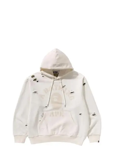 BAPE Destroyed College Relaxed Fit Layered Pullover Hoodie - Ivory