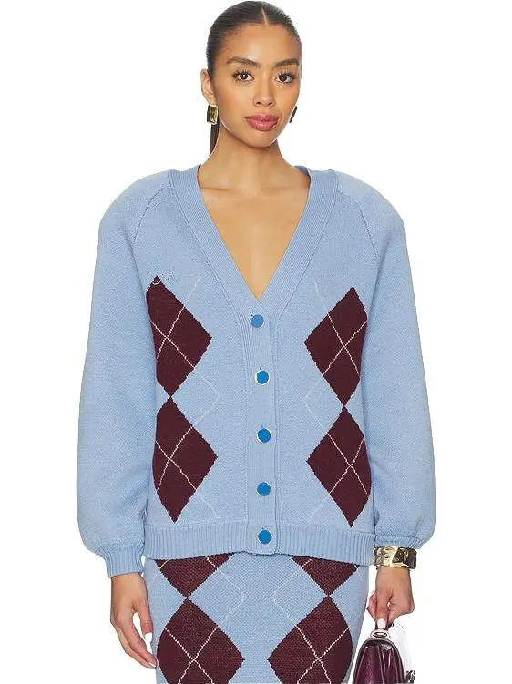 ROWEN ROSE Knit Cardigan - Blue With Bordeaux Pattern