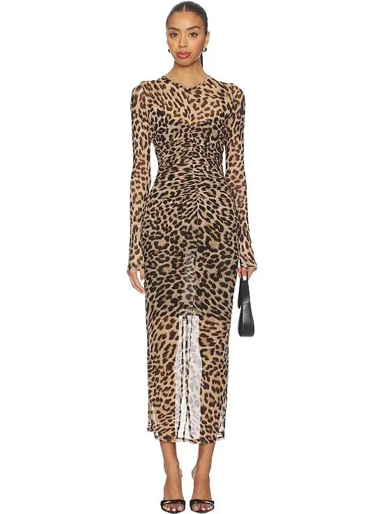 Good American Mesh Ruched Maxi Dress - Lucky Leopard001