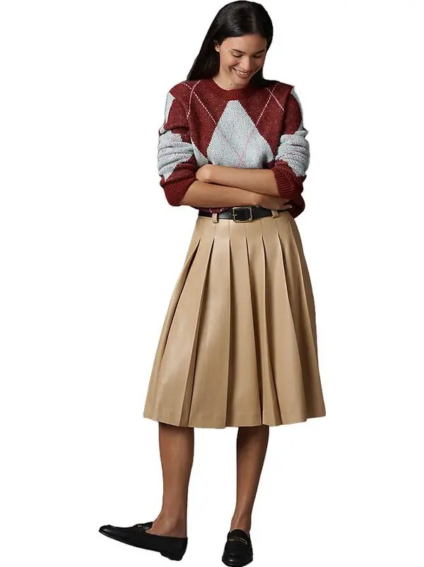English Factory Faux Leather Pleated Midi Skirt - Taupe