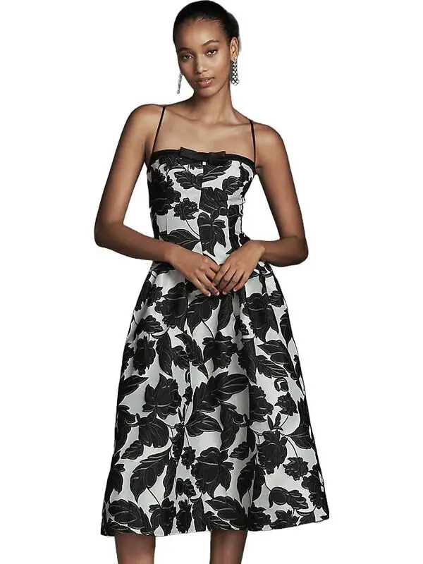 Maeve Sleeveless Jacquard Drop-waist Midi Dress - Black & Ivory Floral