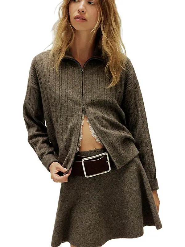 Free People Quincy Knit Mini Skirt Set - Coffee Quartz Heather