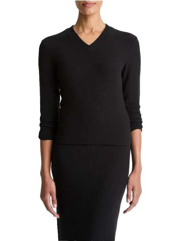 Vince Ribbed High V-neck Top - Black