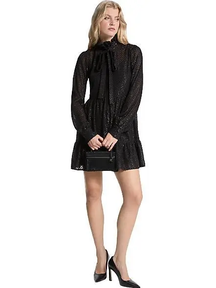 Michael Kors Metallic Clip Jacquard Tie-neck Dress - Black