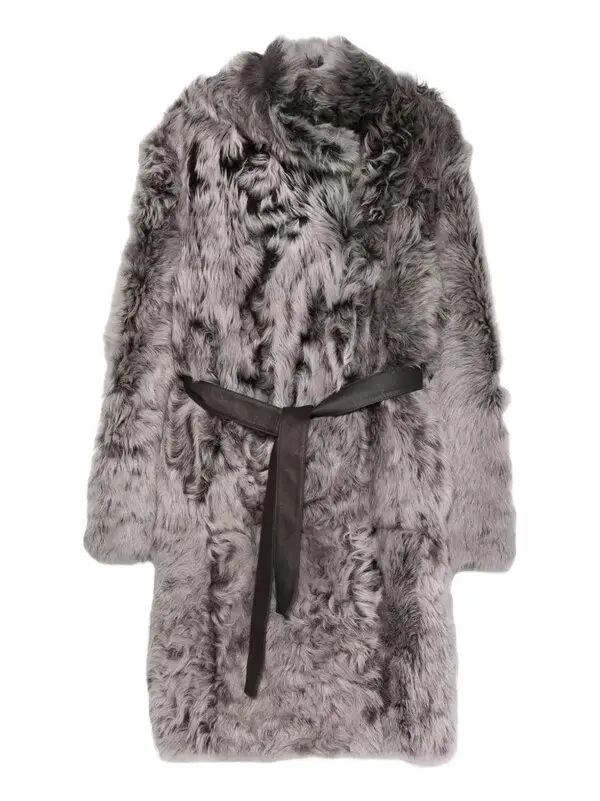 YVES SALOMON Belted Shearling Coat - Grey