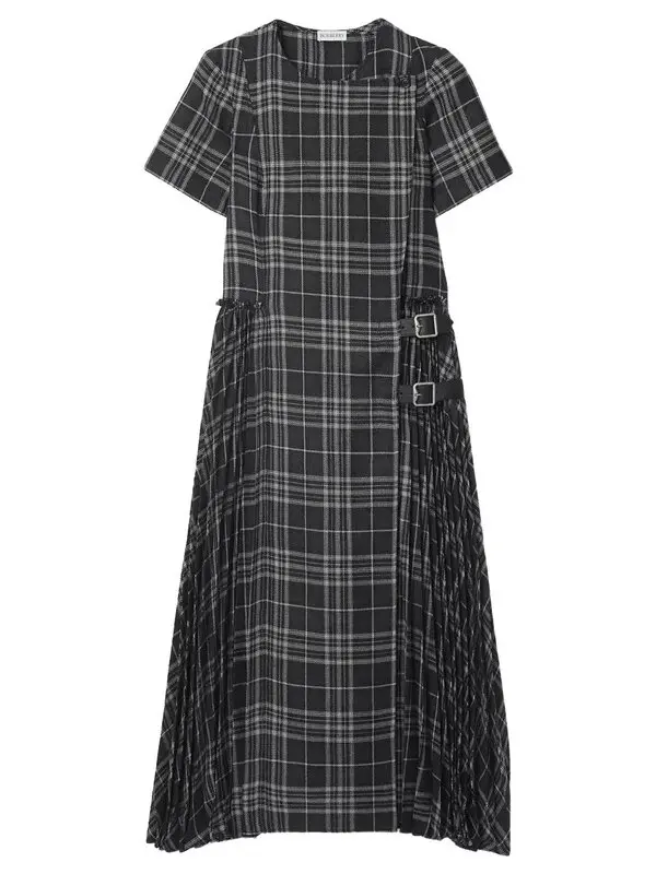 Burberry Check-print Pleated Dress With Buckle Detail - Black