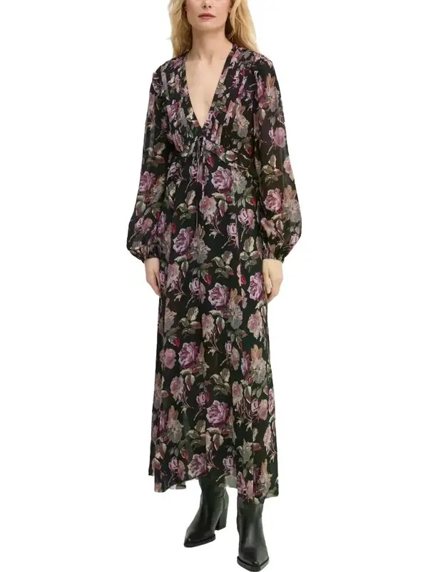 The Kooples Floral Print V-neck Midi Dress - Black